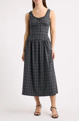 Moon River Drop Waist Sleeveless Midi Dress - Navy Multi