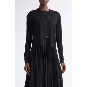 JASON WU Mixed Media Merino Wool & Stripe Cardigan - Black Multi