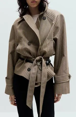 Mango Everest Plaid Belted Jacket - Beige
