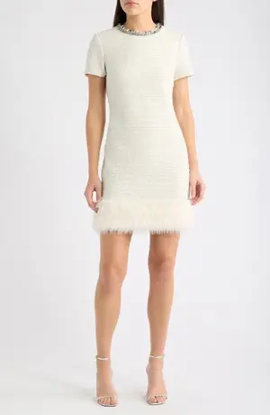 TAHARI ASL Beaded Neck Faux Fur Hem Tweed Minidress - Vanilla
