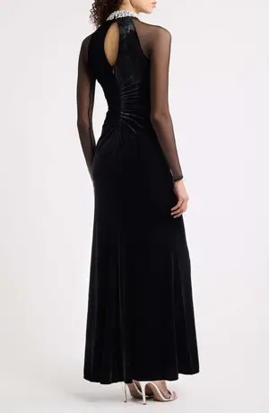 Eliza J Long Sleeve Stretch Velvet & Mesh Column Gown