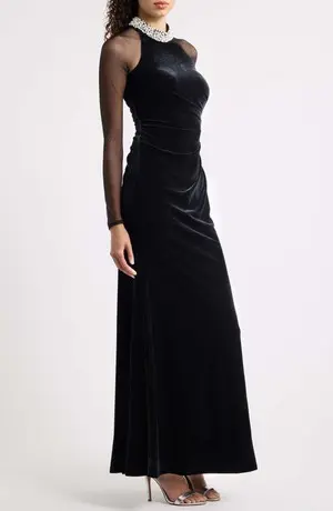 Eliza J Long Sleeve Stretch Velvet & Mesh Column Gown