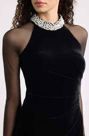 Eliza J Long Sleeve Stretch Velvet & Mesh Column Gown
