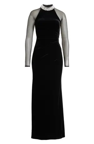 Eliza J Long Sleeve Stretch Velvet & Mesh Column Gown