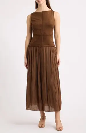 Moon River Sleeveless Faux Suede Mixed Media Midi Dress - Caramel