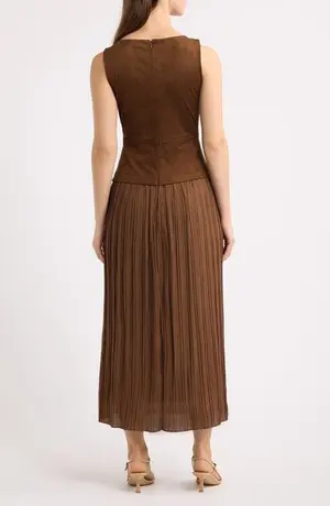 Moon River Sleeveless Faux Suede Mixed Media Midi Dress