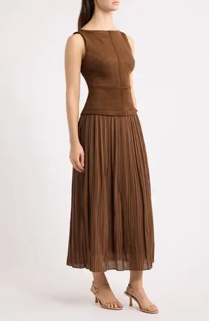 Moon River Sleeveless Faux Suede Mixed Media Midi Dress