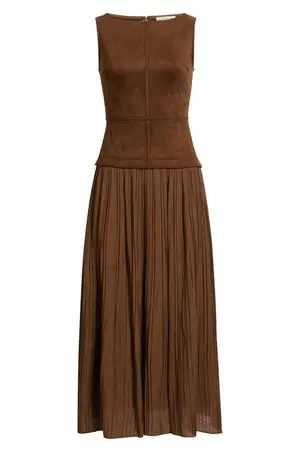 Moon River Sleeveless Faux Suede Mixed Media Midi Dress