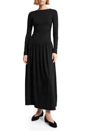 MARCELLA Lumi Ruched Drop Waist Midi Dress - Black