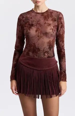 Avec Les Filles Floral Burnout Long Sleeve Shirt - Wine Multi