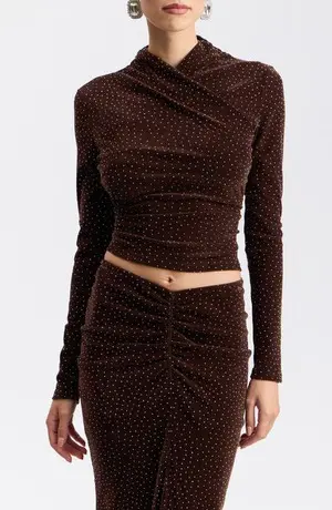 Avec Les Filles Crystal Embellished Faux Wrap Crop Top - Brown