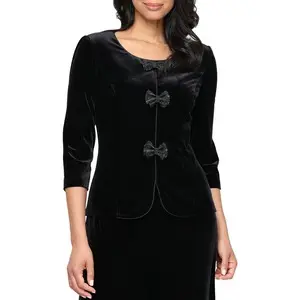 Alex Evenings Stretch Velvet Embellished Bow Top - Black
