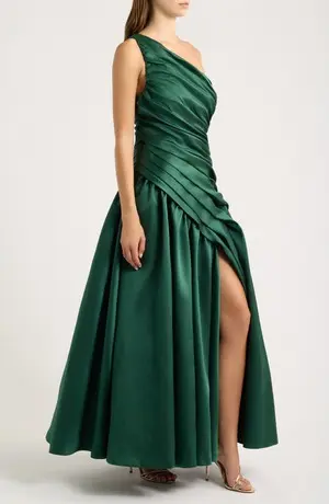 HUTCH Lisa Ruched One-shoulder Matte Satin Gown