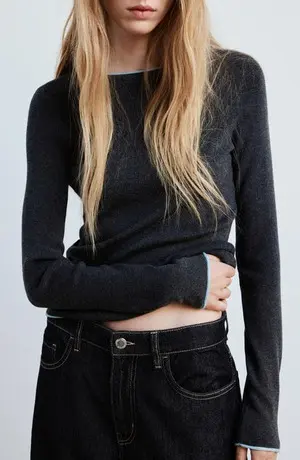Mango Contrast Trim Crewneck Sweater - Grey