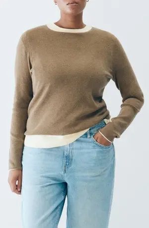 Mango Contrast Trim Crewneck Sweater - Medium Brown