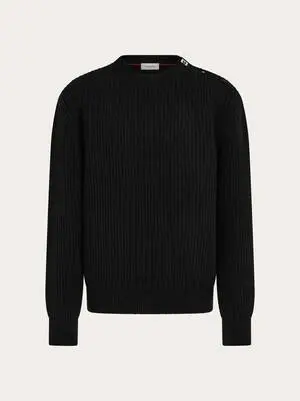FERRAGAMO Rib Knit Crew Neck Sweater With Hug Buckle Detail - Black