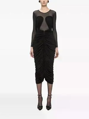 NISSA Draped Tulle Bodycon Midi Dress - Black