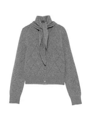 Sandro Argyle-knit Scarf-detail Wool Cardigan