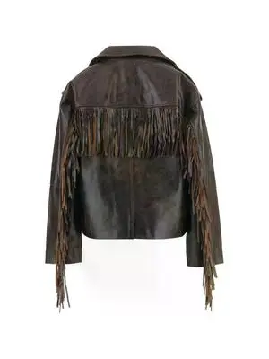 THE GARMENT Fringed Leather Biker Jacket - Brown