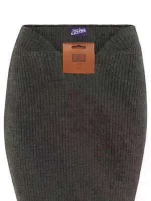 JEAN PAUL GAULTIER Mix Wool Rib 2x2 Midi Skirt With Leather Tag Details - Grey