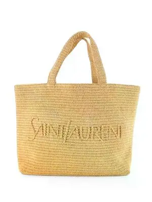 Saint Laurent Logo Supple Embroidered Raffia Tote Bag - Neutrals
