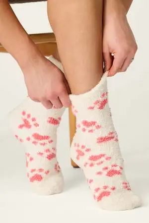 PJ Salvage Pink Paw Print Socks - Ivory