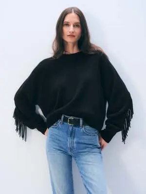 WHITE & WARREN Cashmere Blend Luxe Fringe Crewneck Top - Black