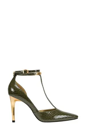 Donna Karan New York Samuel Snakeskin Embossed T-strap Pump - Olive