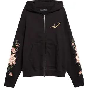 Amiri Oversize Crystal Embellished Floral Zip Hoodie - Black