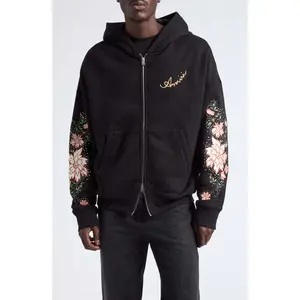 Amiri Oversize Crystal Embellished Floral Zip Hoodie - Black