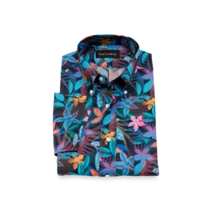 PAUL FREDRICK Cotton Buttondown Collar Poplin Tailored Hemmed Sleeve Short Sleeve Shirt - Blue Multi