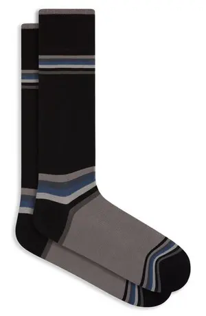 Bugatchi Stripe Block Cotton Blend Dress Socks - Black