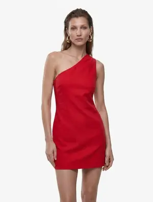 Koton Linen Blend Asymmetric One Shoulder Mini Dress - Red