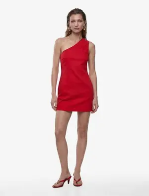 Koton Linen Blend Asymmetric One Shoulder Mini Dress
