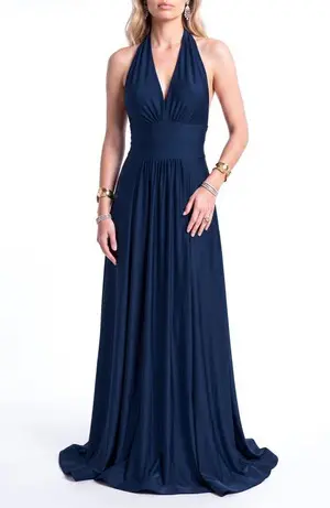 JESSICA ANGEL Halter Tie-back A-line Evening Gown - Navy