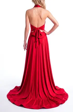 JESSICA ANGEL Halter Tie-back A-line Evening Gown - Red