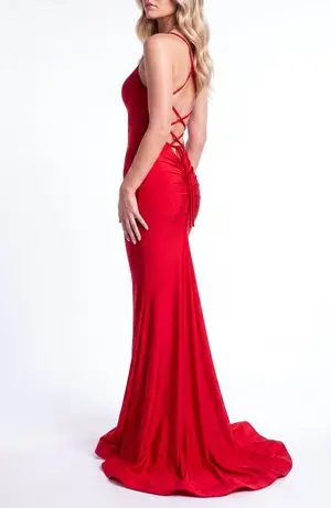 JESSICA ANGEL Cutout Lace-up Back Mermaid Evening Gown - Red