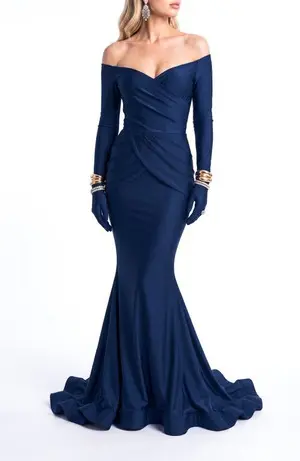 JESSICA ANGEL Off-the-shoulder Draped Long Sleeve Mermaid Evening Gown - Navy