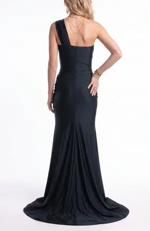 JESSICA ANGEL One-shoulder Ruched Side-slit Mermaid Evening Gown - Black