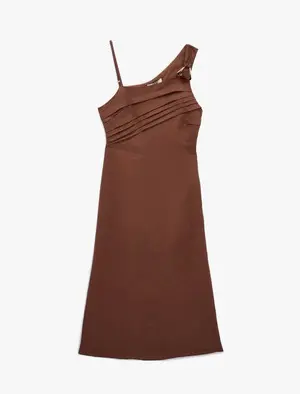 Koton Linen Blend Asymmetric Pleated One-shoulder Midi Dress