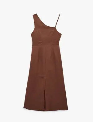 Koton Linen Blend Asymmetric Pleated One-shoulder Midi Dress