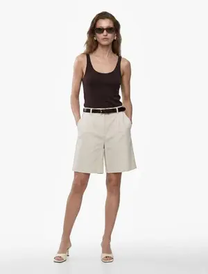 Koton Linen Blend Pleated Mid-rise Tailored Shorts With Belt - Beige