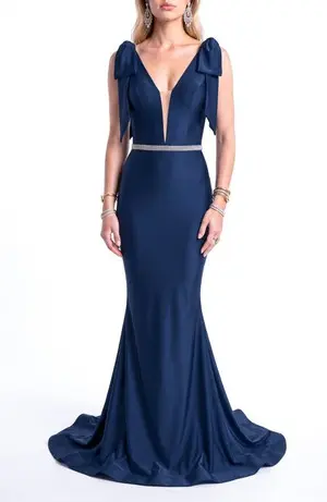 JESSICA ANGEL Bow Shoulder Plunge Mermaid Evening Gown