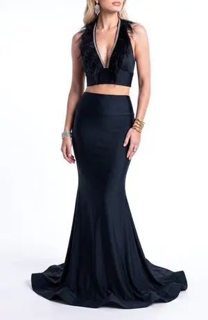 JESSICA ANGEL Feather-trim Two-piece Mermaid Evening Gown - Black