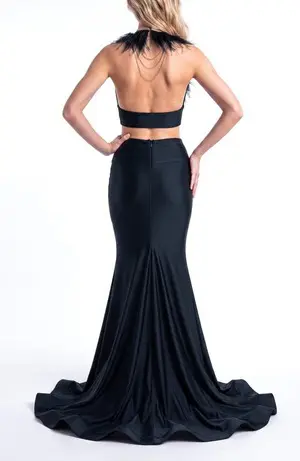 JESSICA ANGEL Feather-trim Two-piece Mermaid Evening Gown - Black