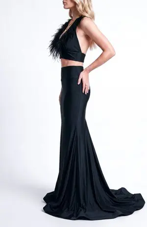JESSICA ANGEL Feather-trim Two-piece Mermaid Evening Gown - Black