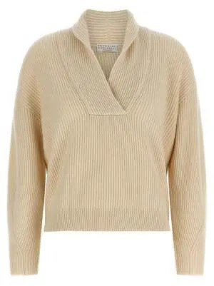 Brunello Cucinelli Shawl Neck Ribbed Sweater - Cream