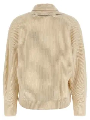 Brunello Cucinelli Shawl Neck Ribbed Sweater - Cream