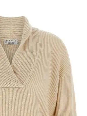 Brunello Cucinelli Shawl Neck Ribbed Sweater - Cream