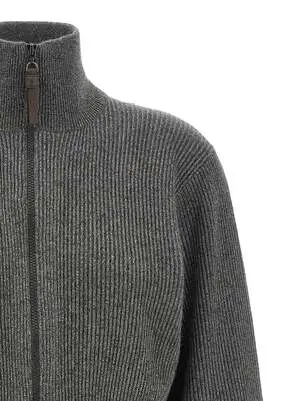 Brunello Cucinelli Ribbed Cardigan With Leather Detail